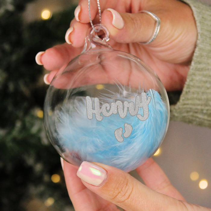 Personalised Baby’s First Christmas Blue Feather Footprints Glass Baub