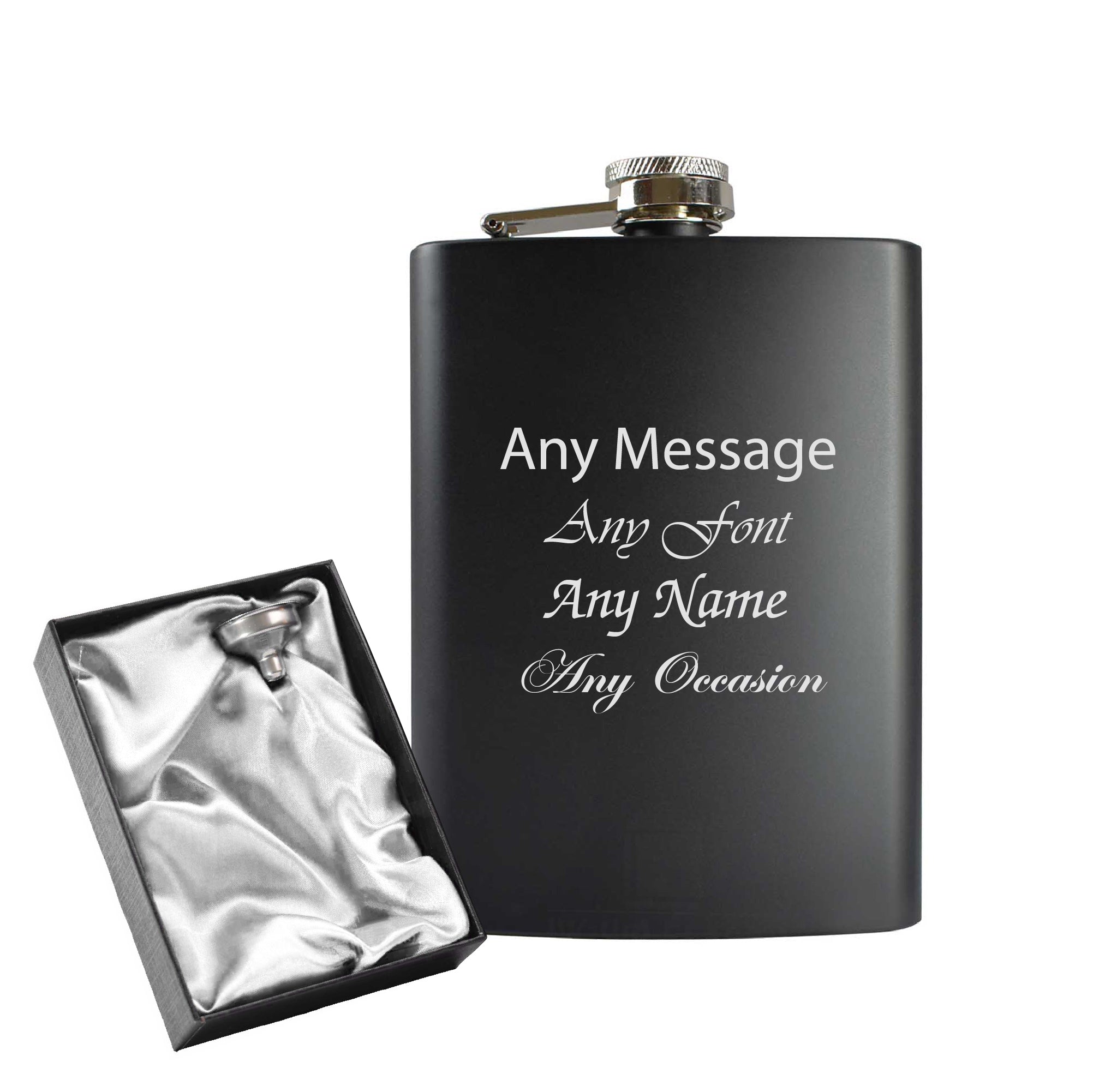 Engraved 8oz Black Hip flask - Any Name, Message, Font - silver satin ...